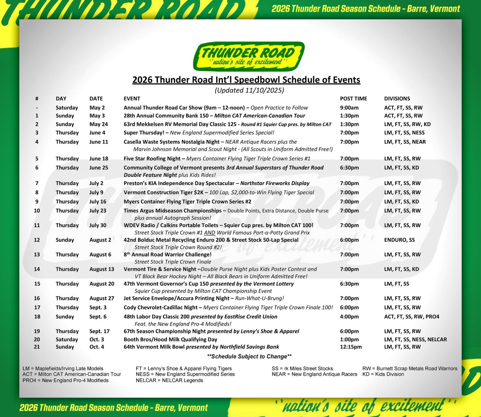 Thunder Road Releases 2026 Schedule - RaceDayCT.com